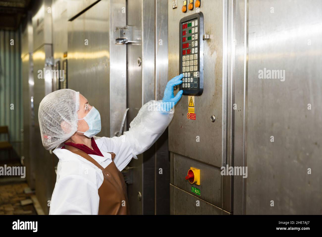 Female operating sausages smoking furnace Stock Photo - Alamy