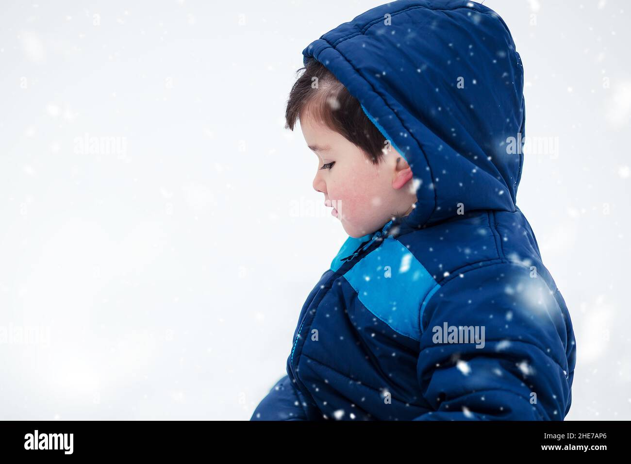 Adorable, cute boy in winter jacket surrounded with snow. Wintertime ...