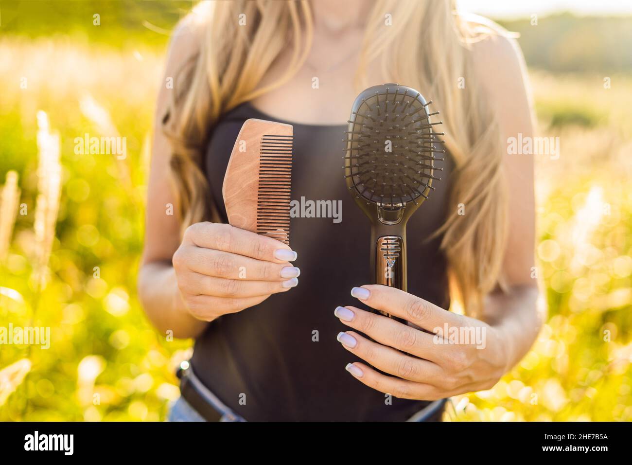 Zero waste concept. Use a wooden comb or plastic comb. Zero waste ...