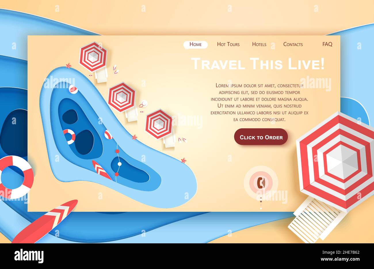 Vector web site paper art design template. Tropical beach. Summer ...