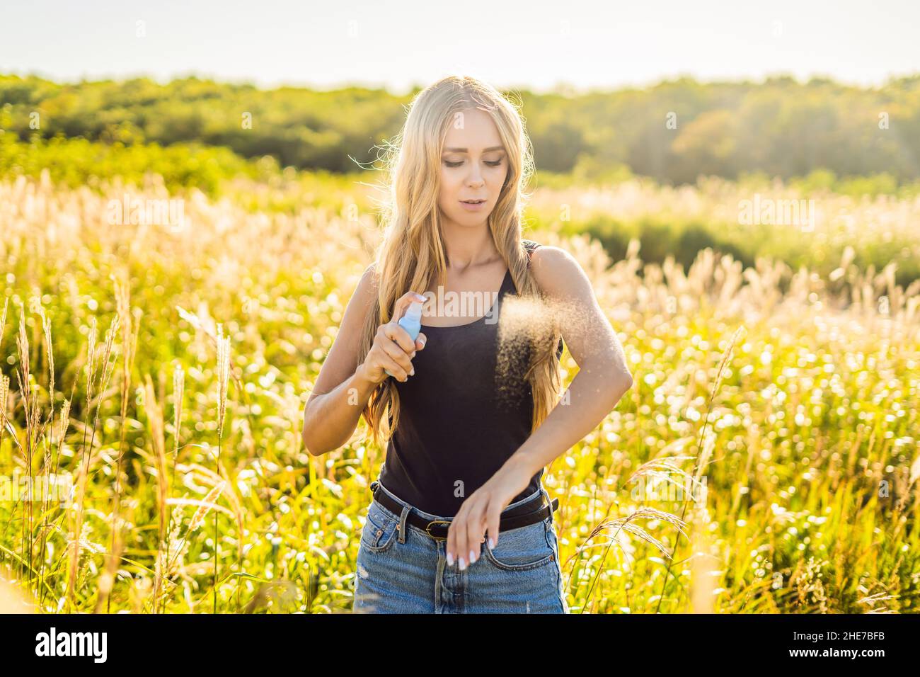Mosquito repellent. Bug spray anti insects for zika virus. Woman ...