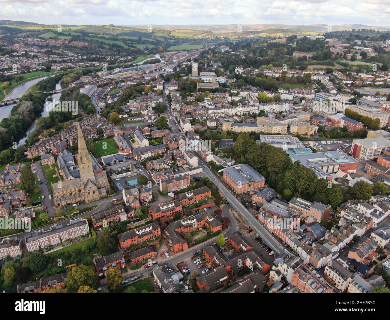 an aerial view of the centre of Exeter City showing Saint Davids ...