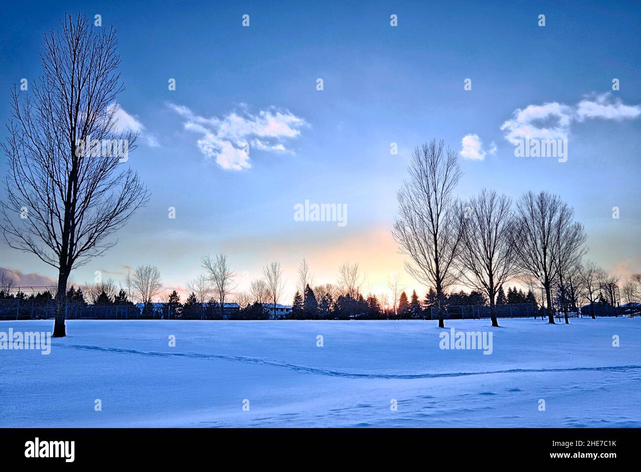Tranquillity scene of sunset in the park after heavy snowfall Stock ...