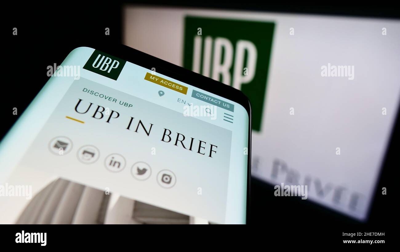 Smartphone with website of private bank Union Bancaire Privee (UBP SA ...