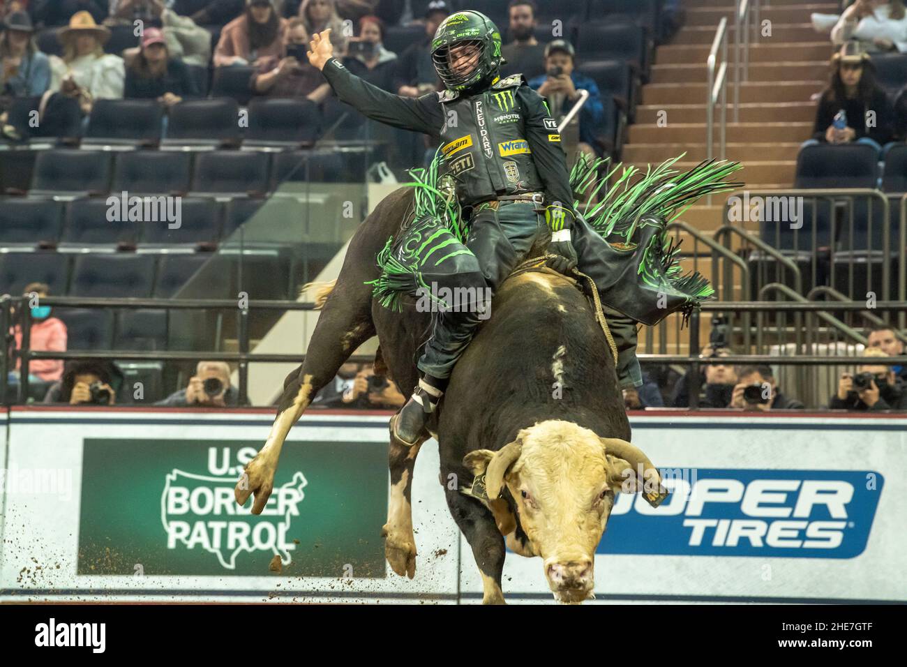 NEW YORK, NY - JANUARY 07: Chase Outlaw rides Crazy Doc during the ...