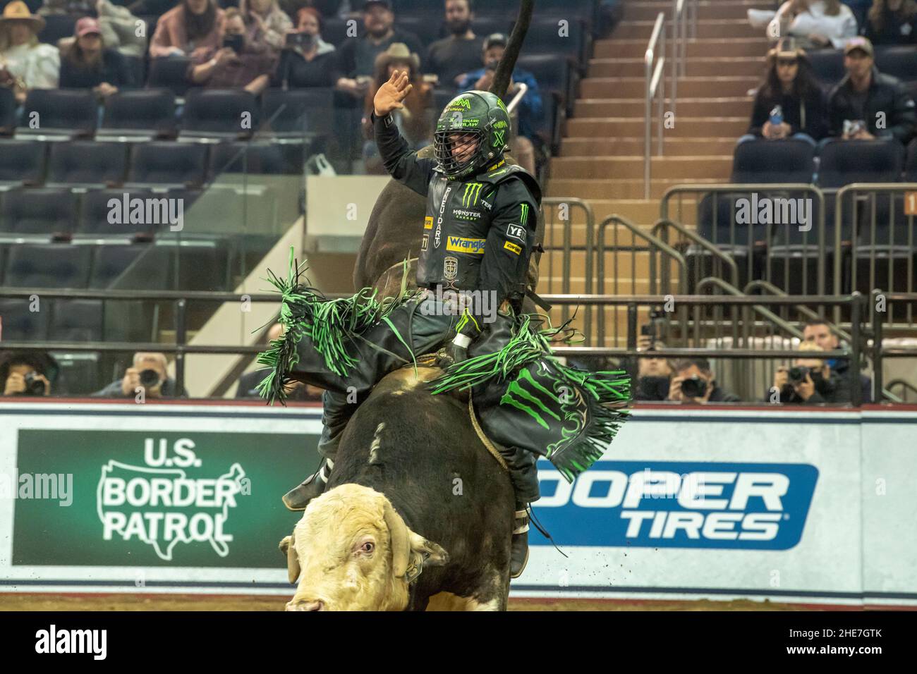 NEW YORK, NY - JANUARY 07: Chase Outlaw rides Crazy Doc during the ...