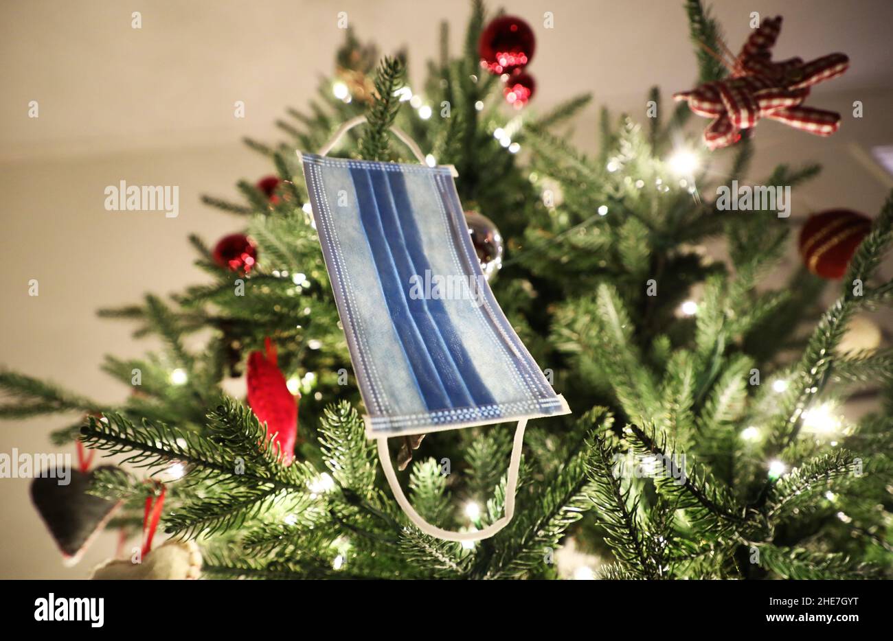 A face mask in a Christmas tree the day after New Year's Day. The ...