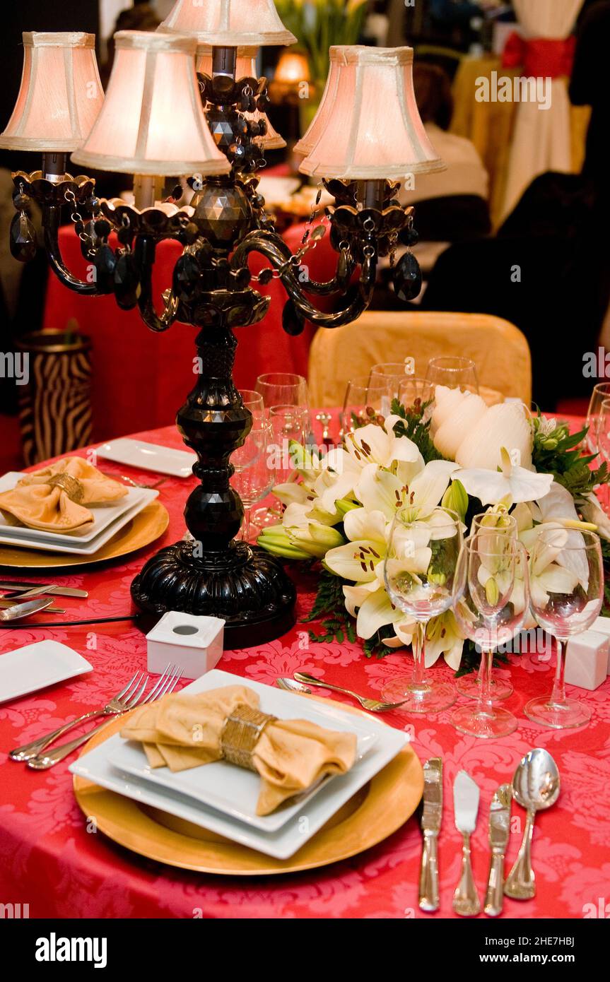 elegant table served for a banquet or celebration with all its dishes ...