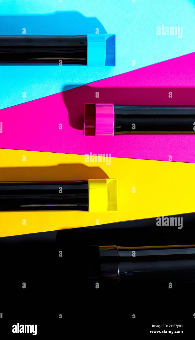 A set of toner cartridges for a color laser printer on the background ...