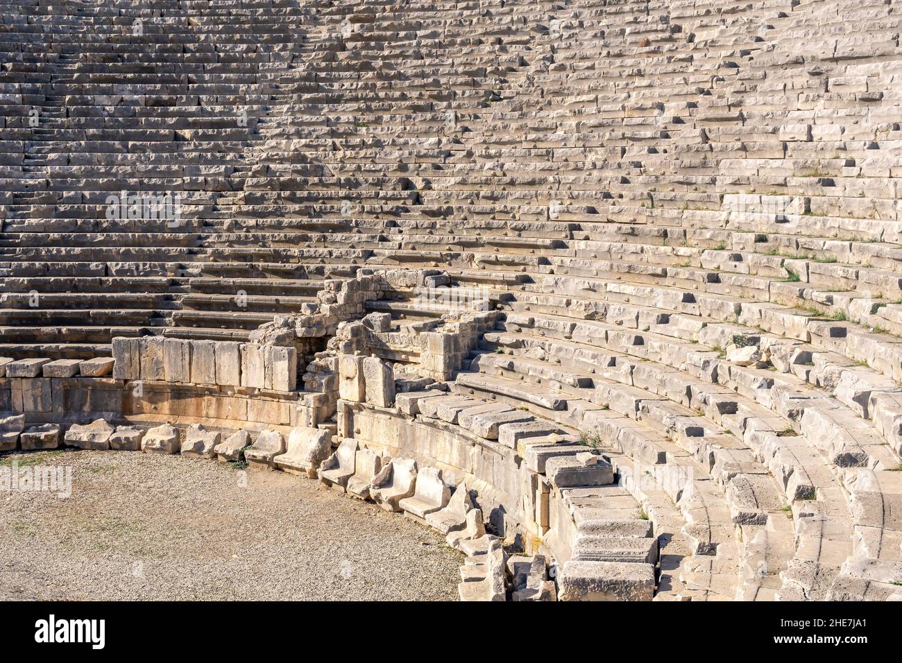 view of the arena and stands of the antique amphitheater in the ruins ...