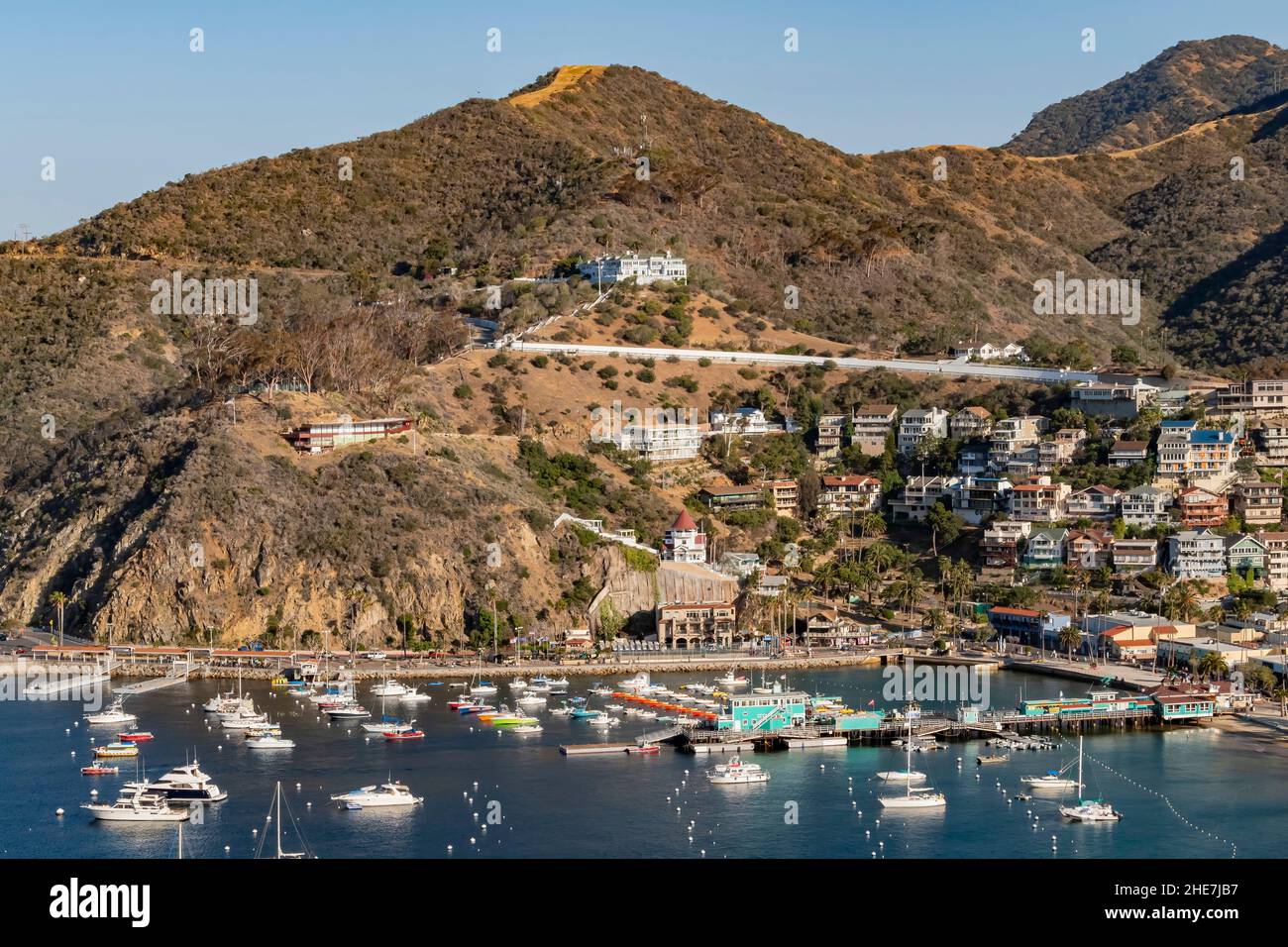 Sunny high angle view of the beautiful Avalon city of Catalina Island ...