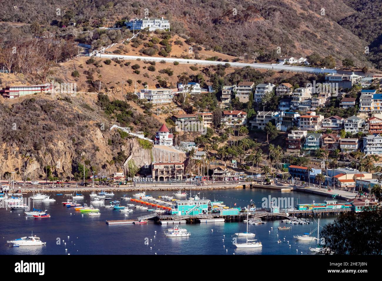 Sunny high angle view of the beautiful Avalon city of Catalina Island ...