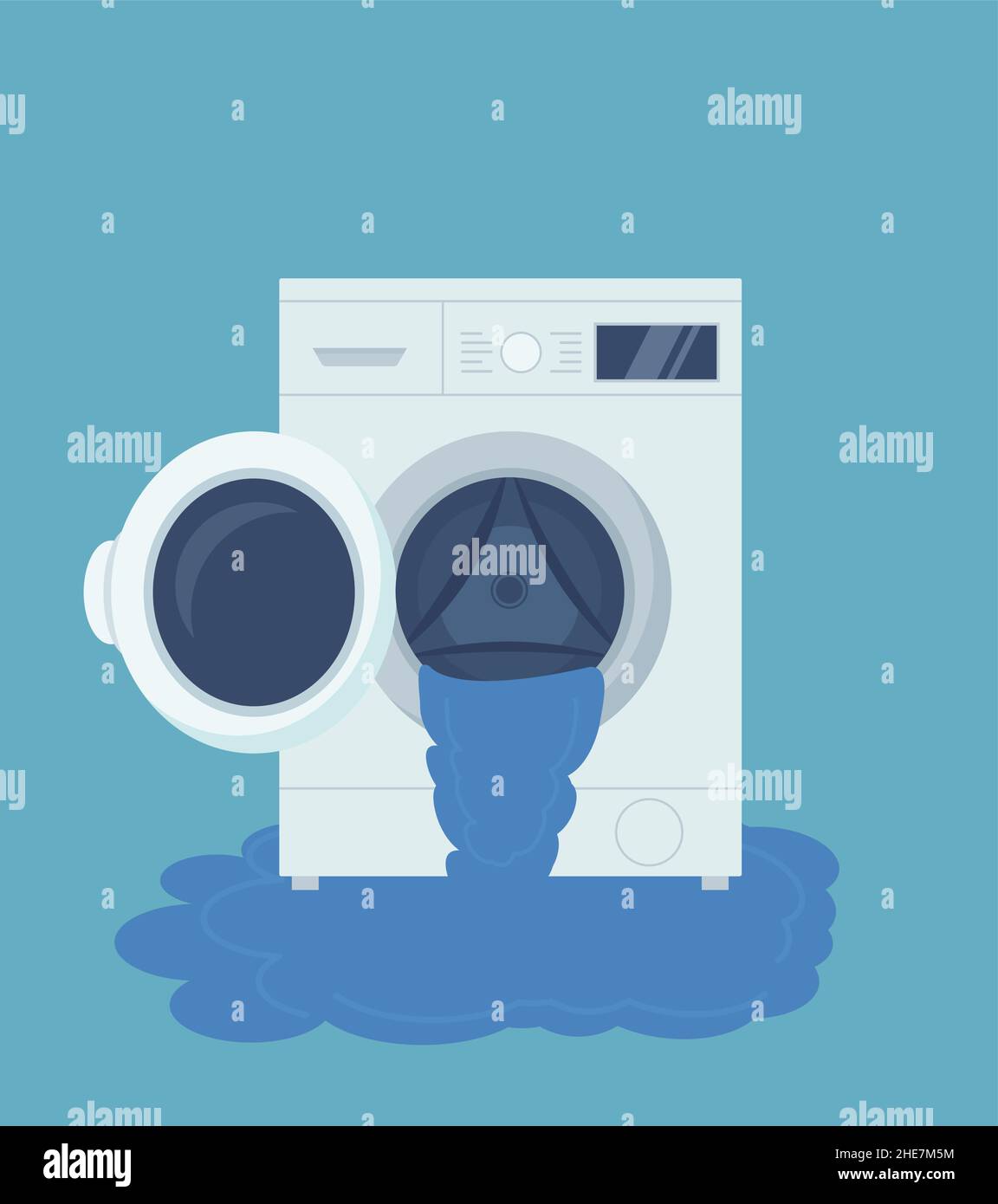Washing machine from which water flows. Vector illustration in a flat ...