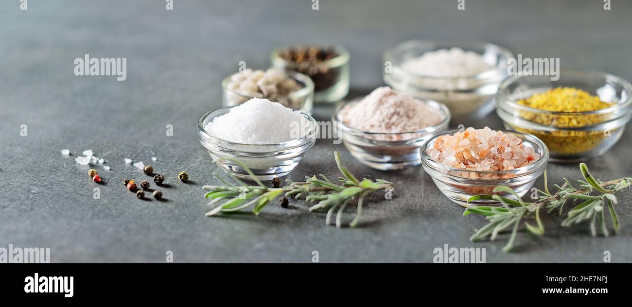 Different types of salt and culinary spices in glass plates on a dark ...