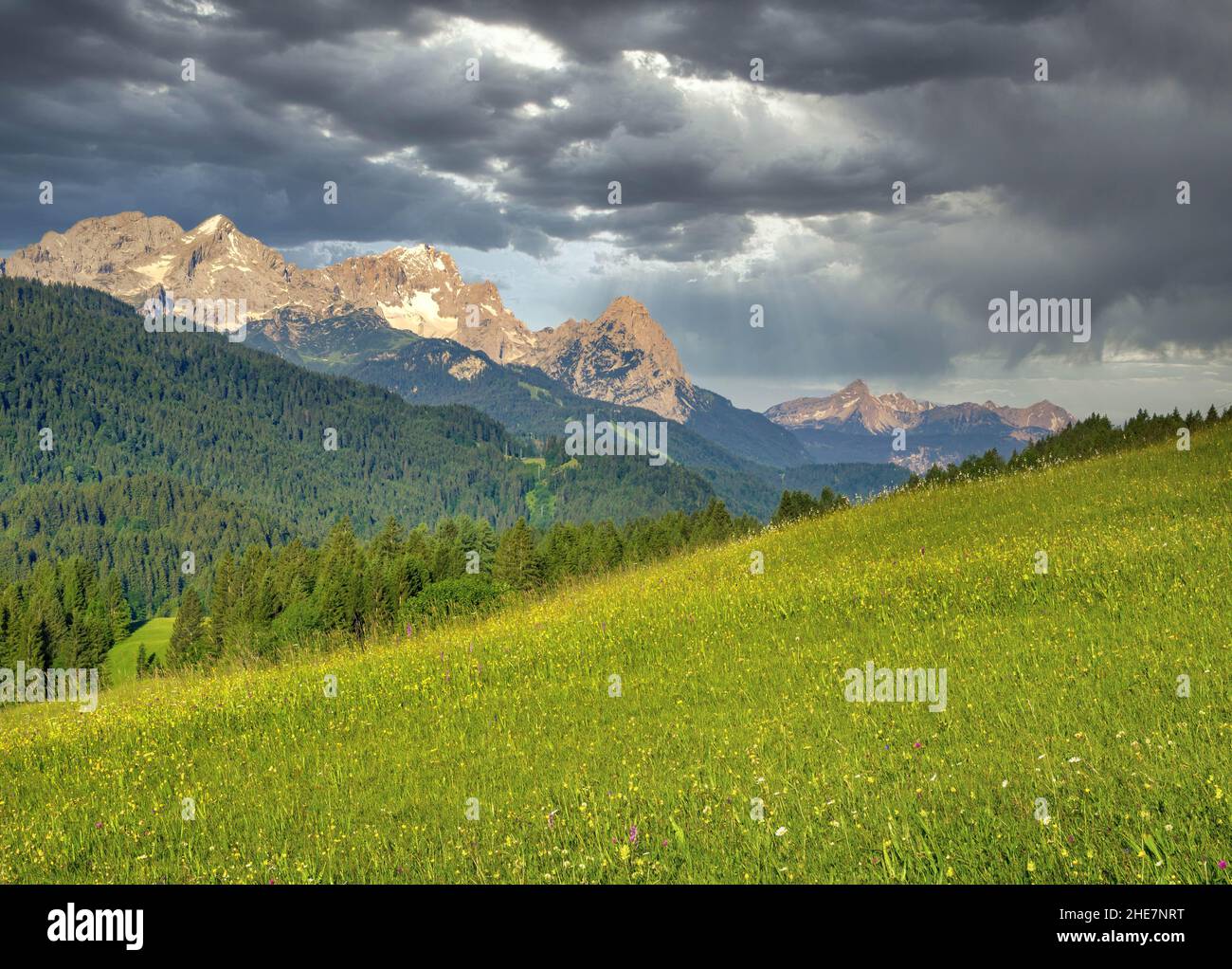 mountain landscape with summits of Zugspitze Mountain and Alpspitze ...