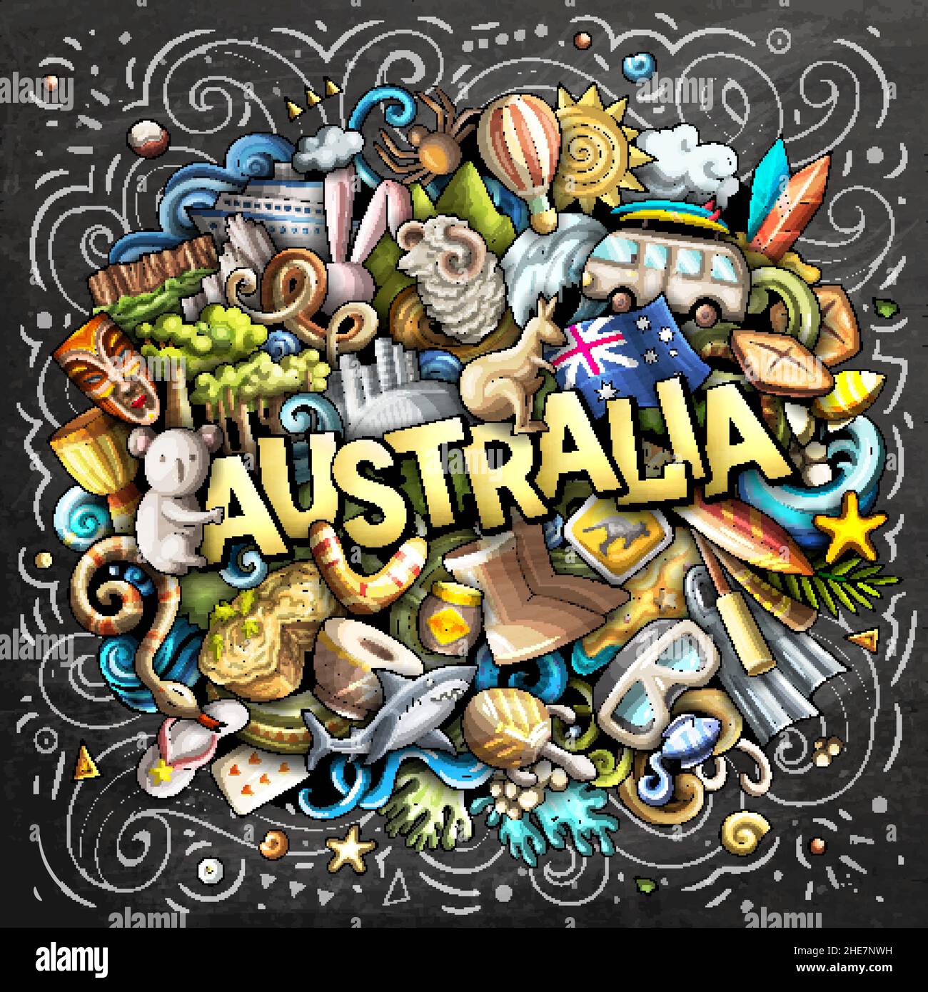 Australia chalk board cartoon doodle illustration. Funny Australian ...