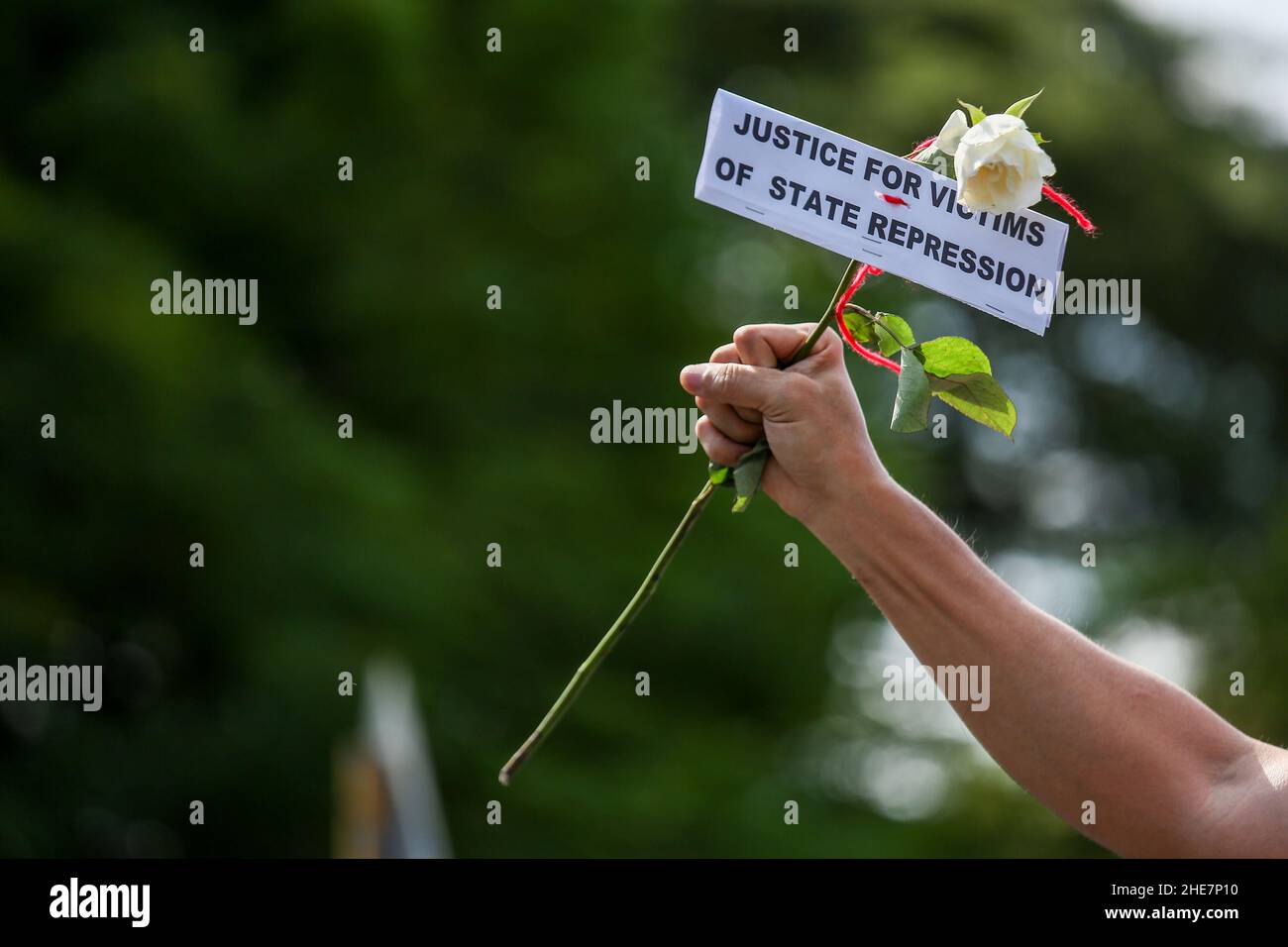Human rights activists carry signs and offer flowers to remember fallen ...