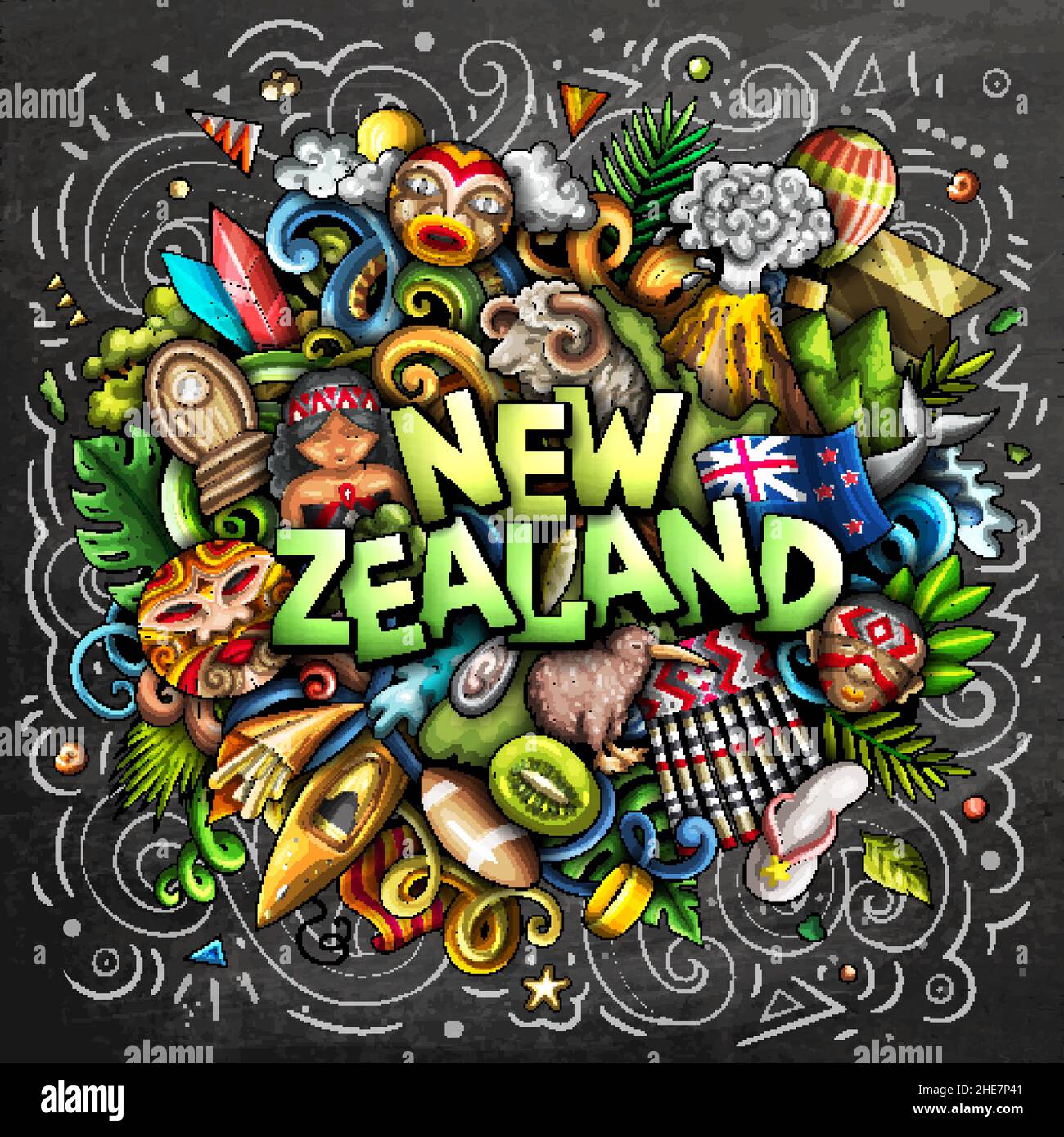 New Zealand chalkboard cartoon doodle illustration. Funny design ... New Zealand chalkboard cartoon doodle illustration. Funny design ...