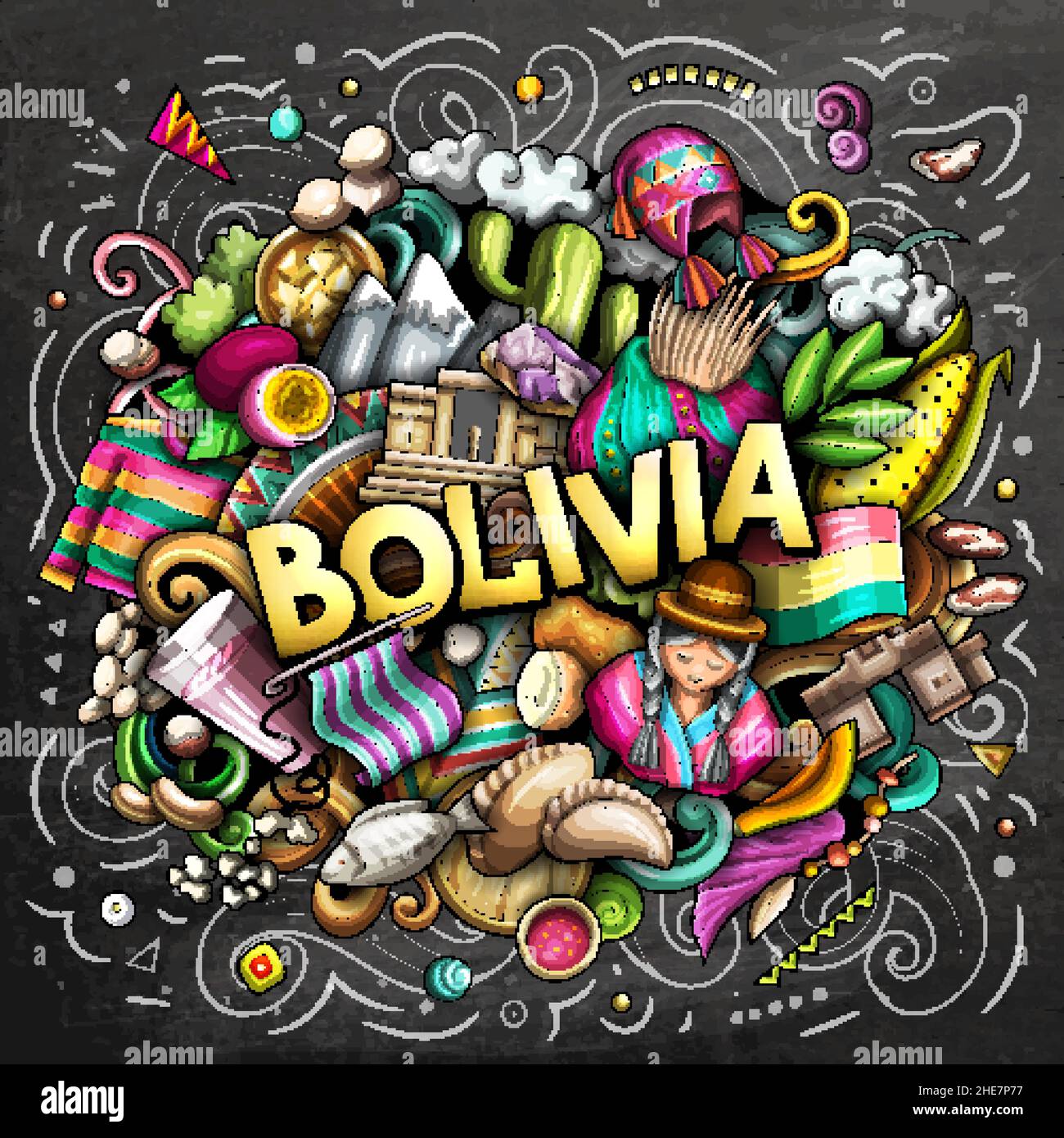 Bolivia hand drawn cartoon doodle illustration. Funny Bolivian design ...