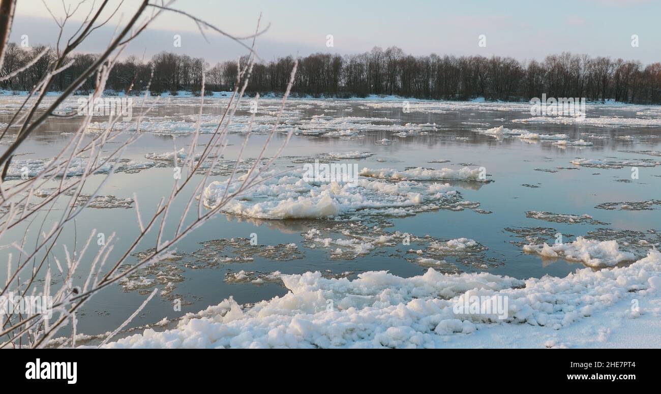 Ice drift on river. Ice in motion during early spring. Floating Of Ice ...