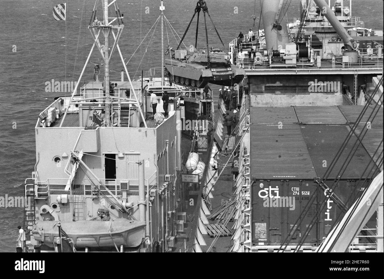 Loading Chieftain Tanks for Kuwait onboard cargo ship M/V Ibn Rushd ...