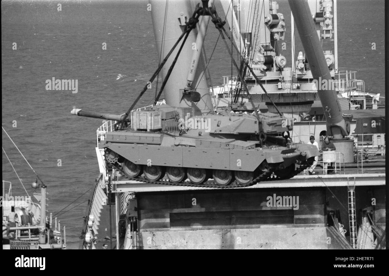 Loading Chieftain Tanks for Kuwait onboard cargo ship M/V Ibn Rushd ...