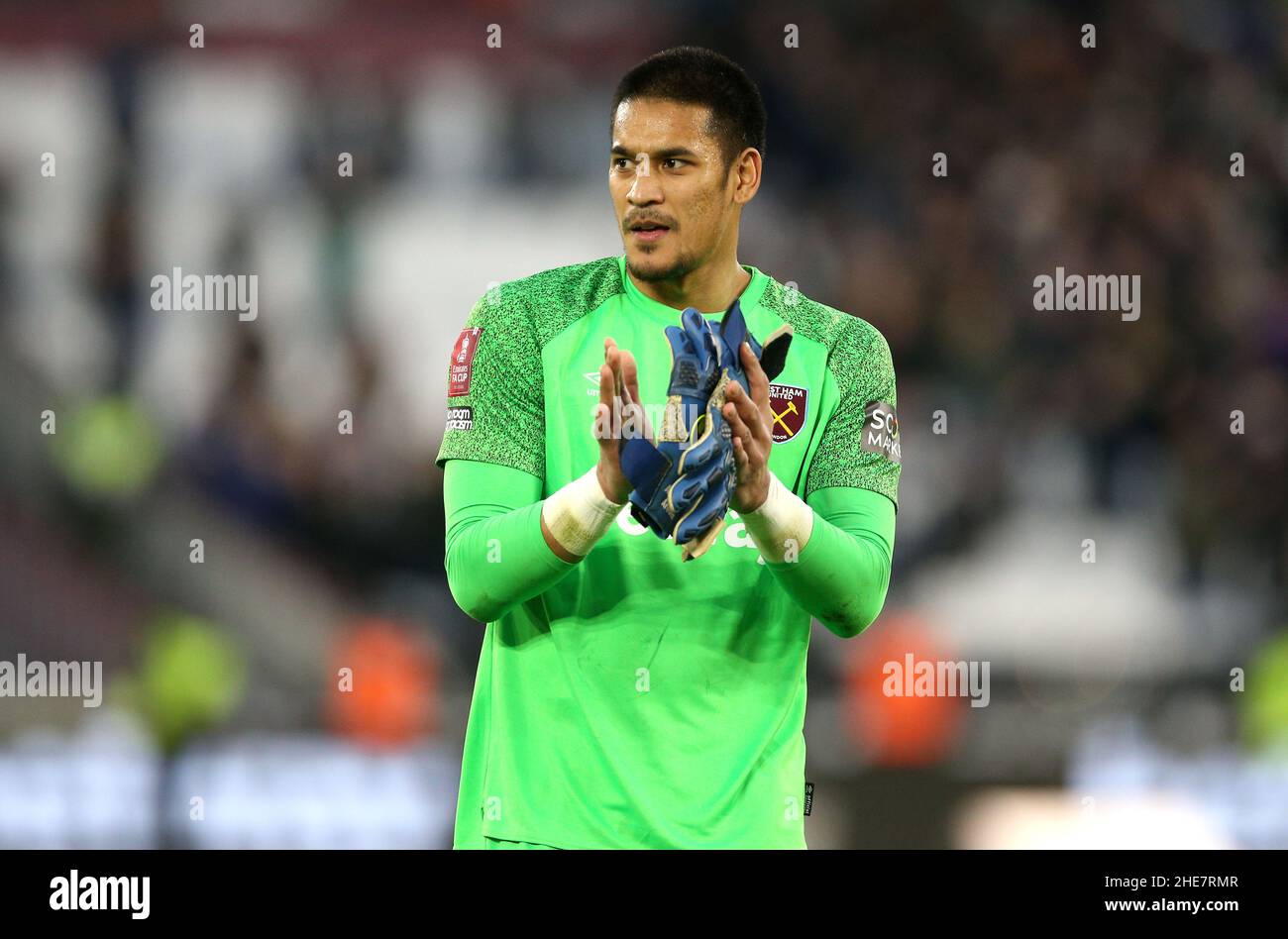 West Ham United goalkeeper Alphonse Areola applauds the fans after the ...