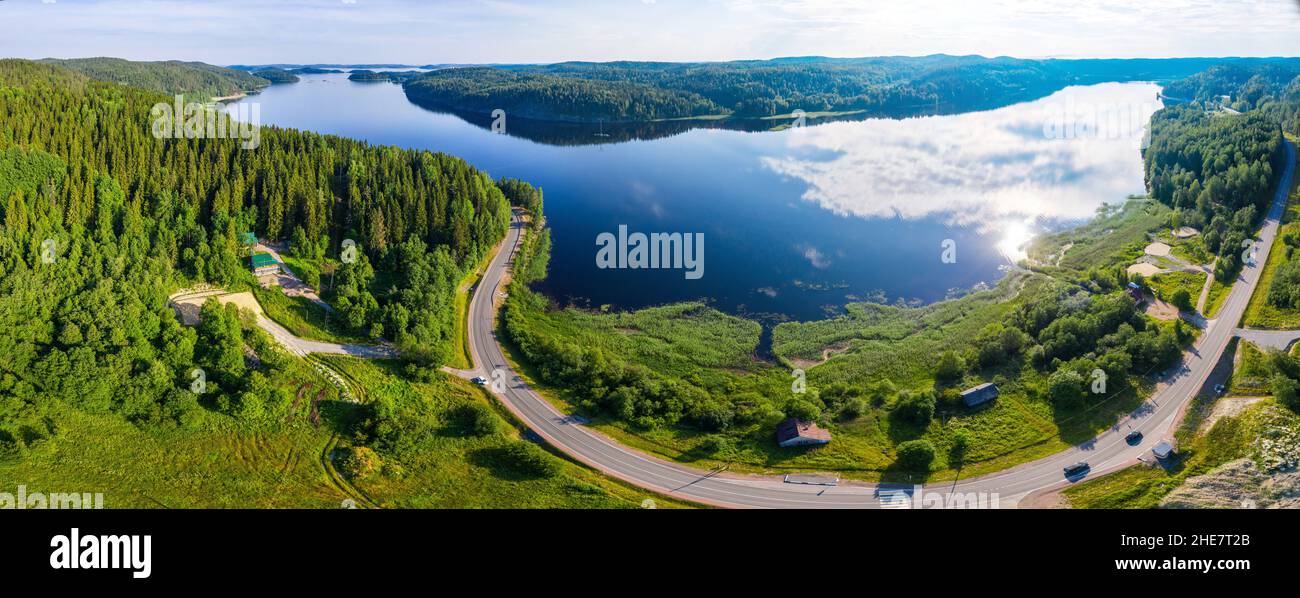 Aerial view of the sAerial view of the system of lakes with islands ...