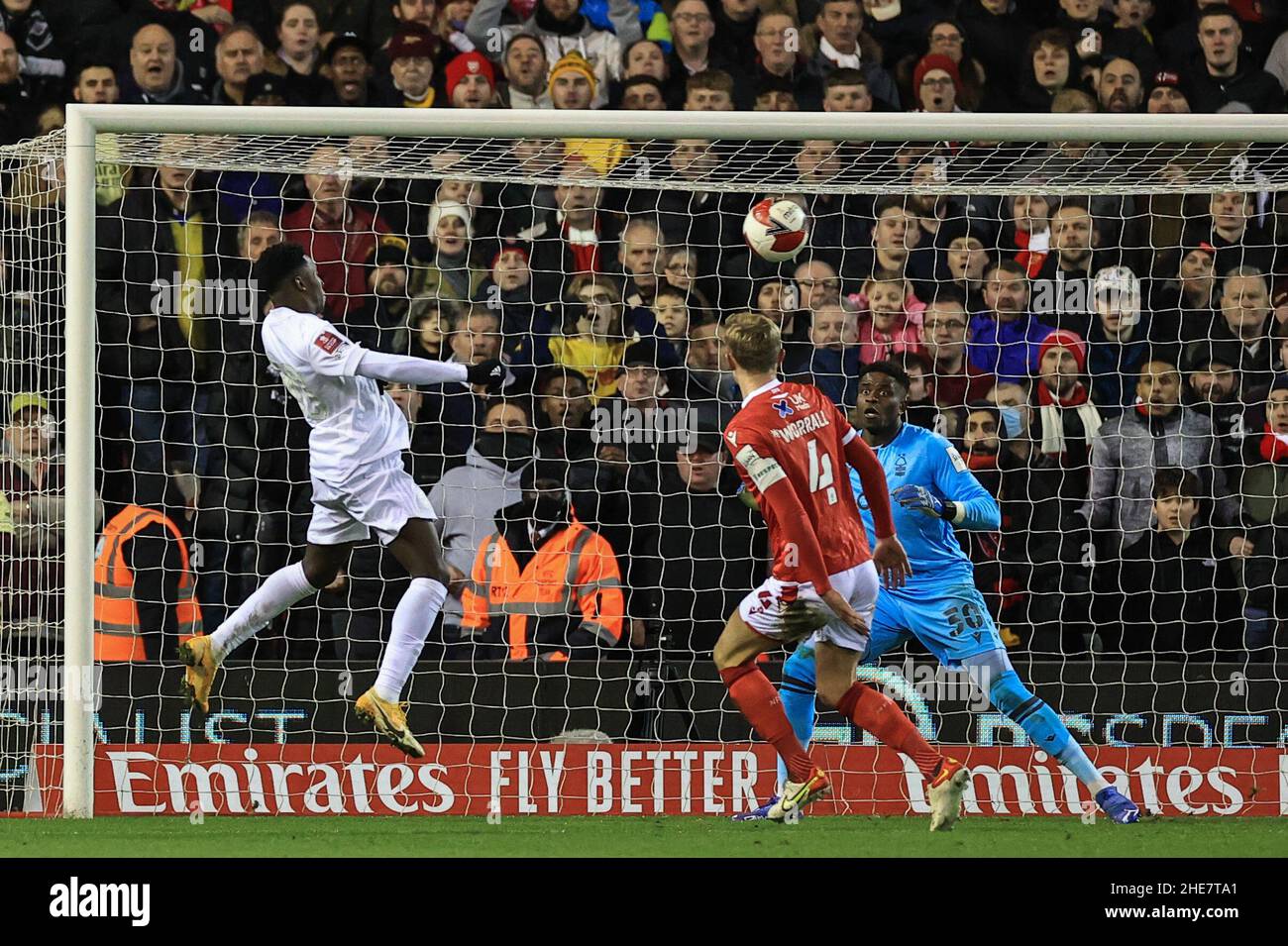 Eddie Nketiah #30 of Arsenal heads just wide of the post Stock Photo ...