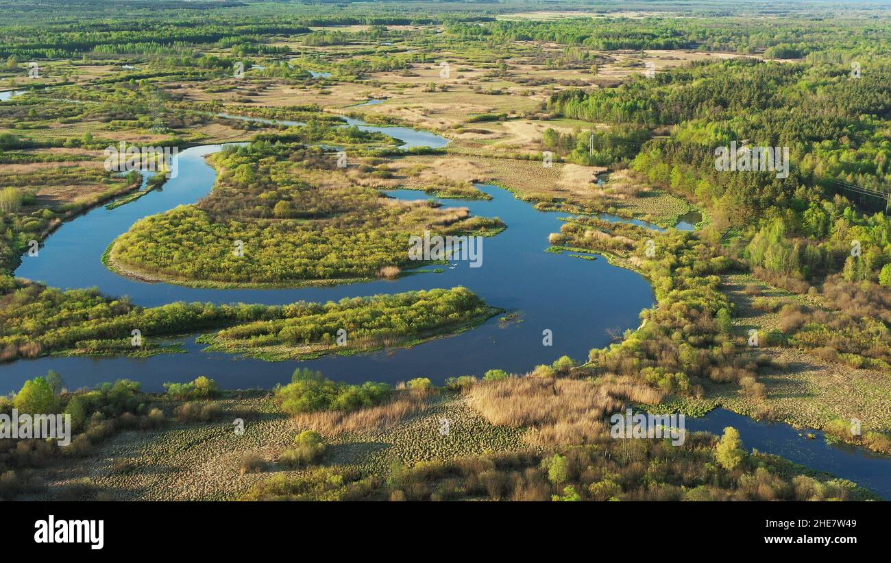 4K Aerial View Green Meadow And Forest On Coast Of Curved River ...
