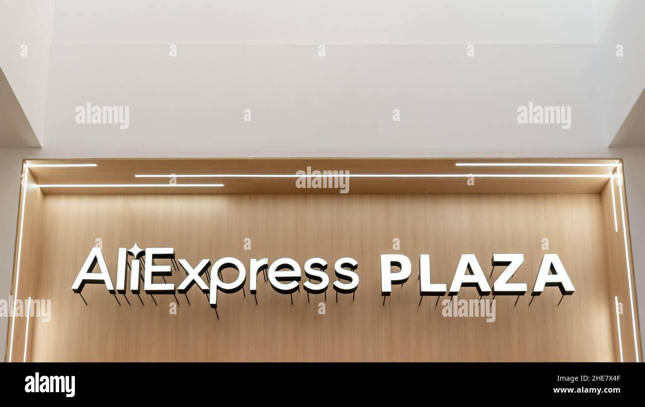 Madrid, Spain - 9 November 2021: AliExpress Plaza shop sign with white ...