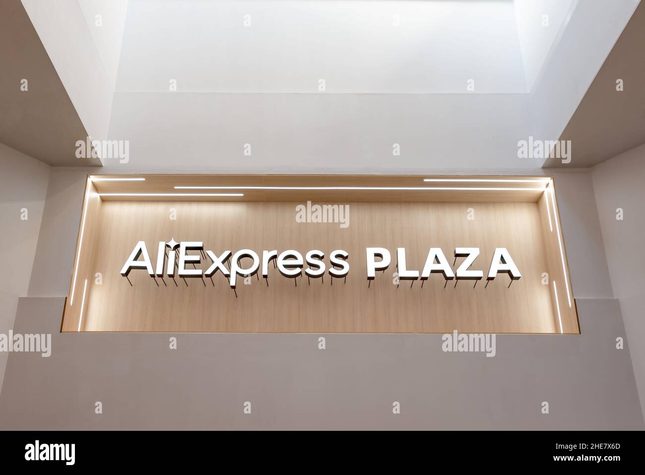 Madrid, Spain - 9 November 2021: AliExpress Plaza shop sign with white ...