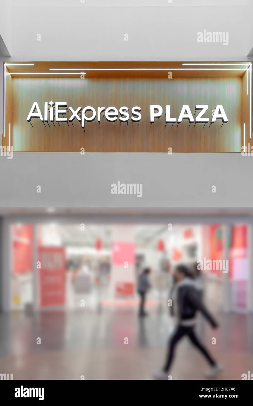 Madrid, Spain - 9 November 2021: AliExpress Plaza shop sign with white ...