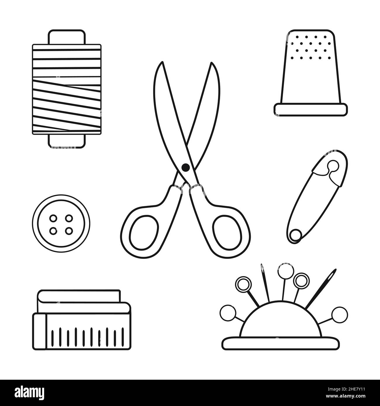 Set of sewing tools isolated on white background. Linear cartoon style ...