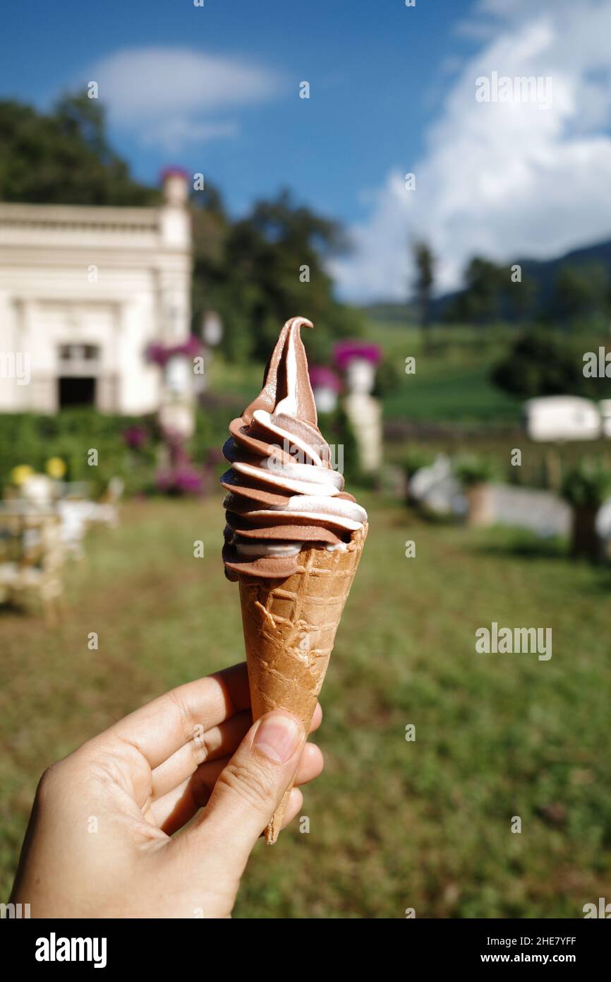 soft serve ice cream in a waffle cone Stock Photo - Alamy