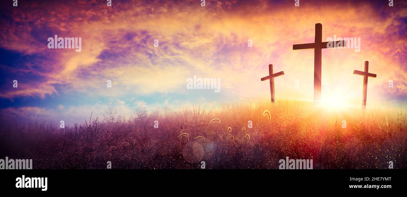 Three Crosses On A Hill At Sunset - Crucifixion Of Jesus Christ Stock ...