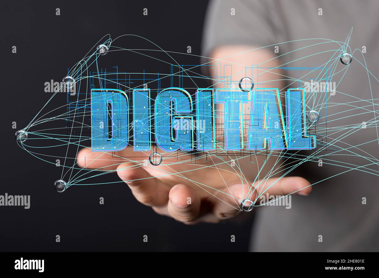 Male hand holding a digital word, Technology background, Big data ...