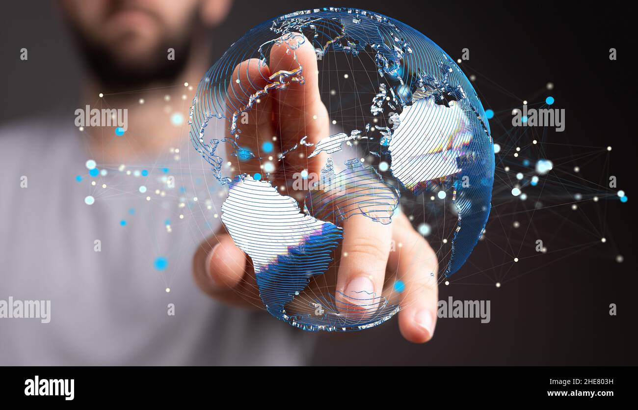 Finger touching a digital illustration of the earth -the concept of the ...