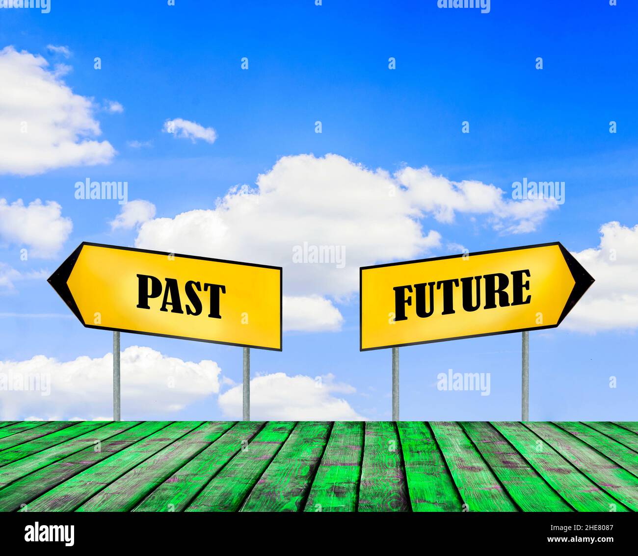 Two street signs FUTURE and PAST with beautiful blue sky with cloud ...