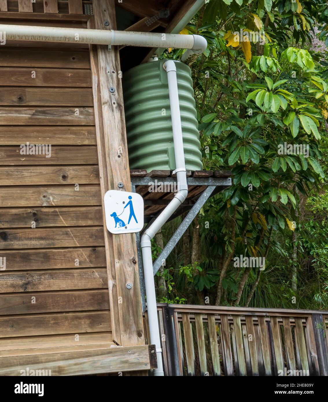 Dog walking sign on timber wall of toilet block in bushland with a ...