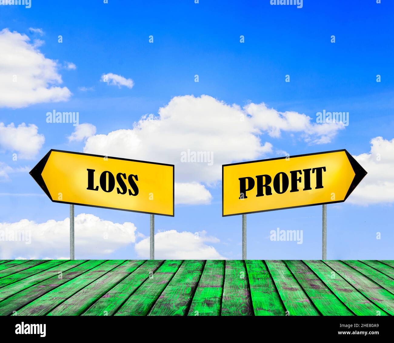 Two street signs LOOS and PROFIT with beautiful blue sky with cloud ...