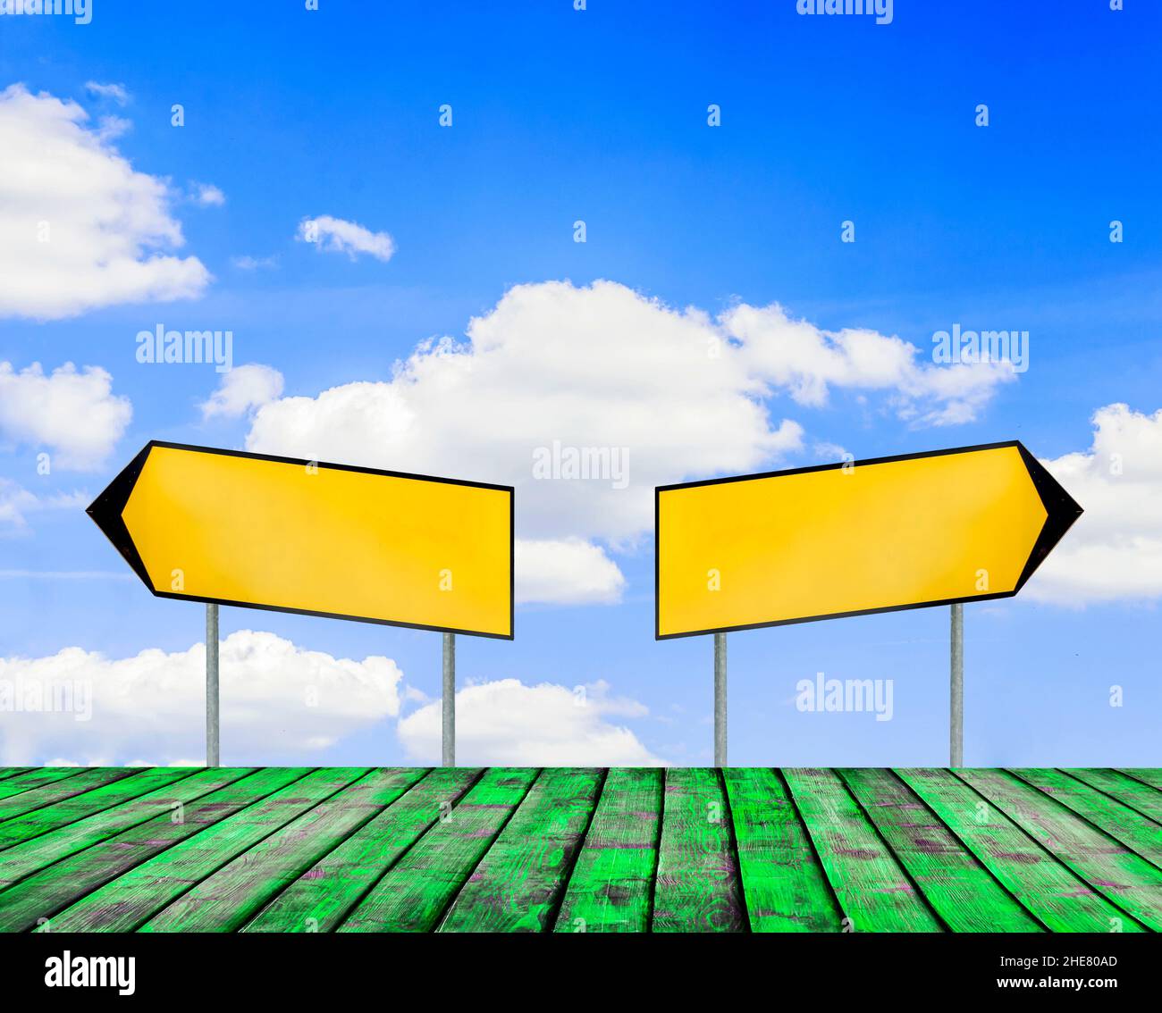 Two street signs with beautiful blue sky with cloud closeup and green ...