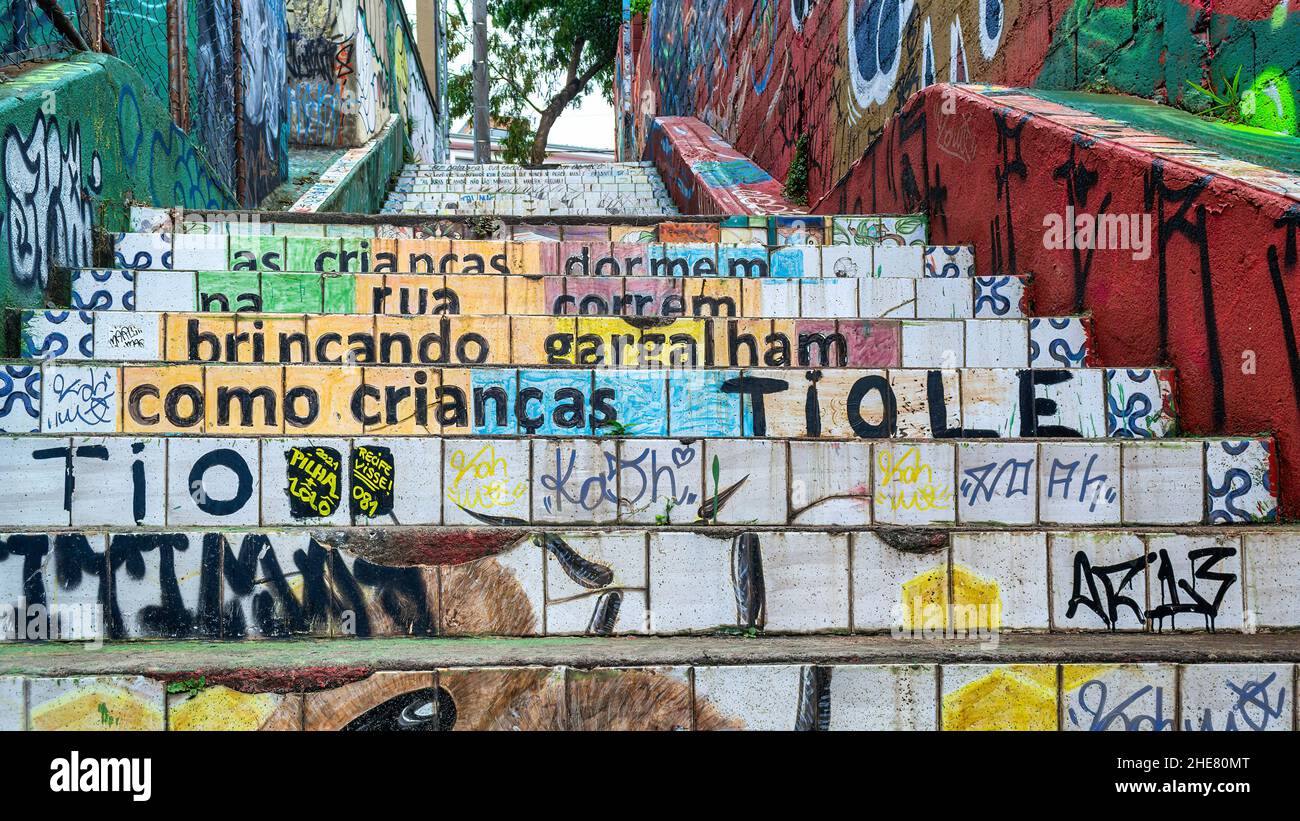 Painted tiles covering the steps on an urban stair in the Batman Alley ...