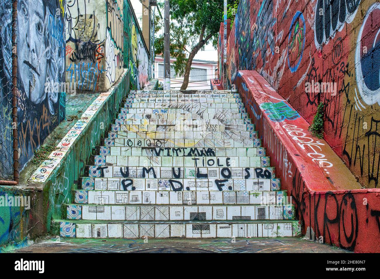 Painted tiles covering the steps on an urban stair in the Batman Alley ...