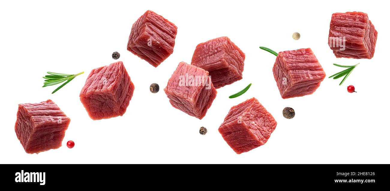 Cubes of raw beef meat isolated on white background Stock Photo - Alamy