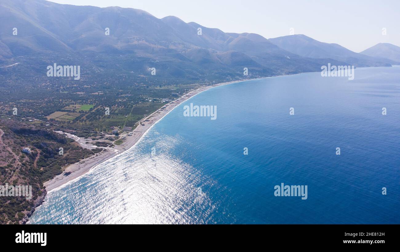 Typical Albanian landscape on the Adriatic shore with mountains. Sunny ...