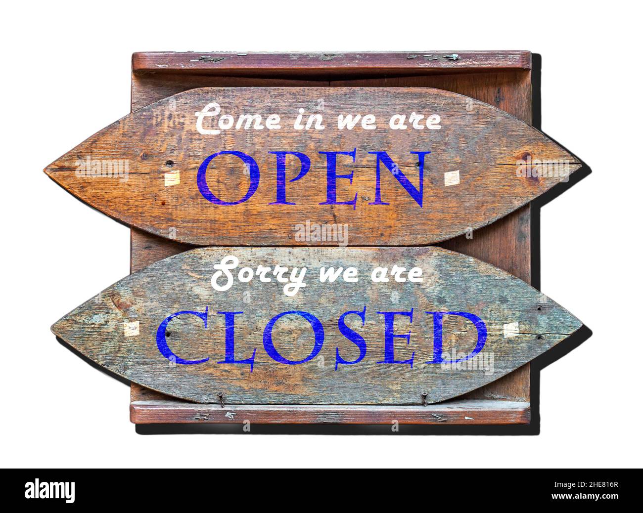Wooden signs - Blue Open and Closed Stock Photo - Alamy