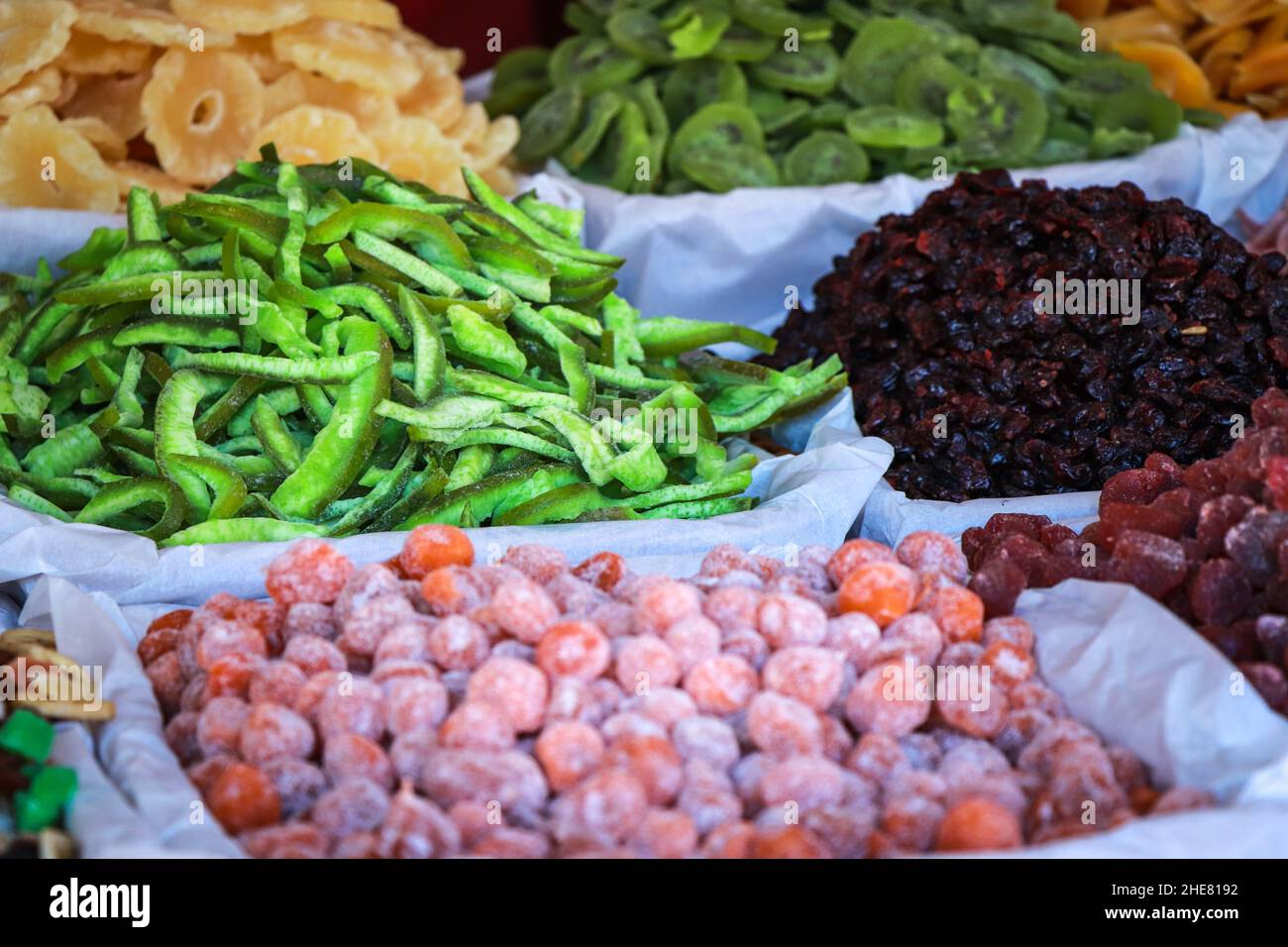 Variety of dried fruits on a local fruit market Stock Photo - Alamy
