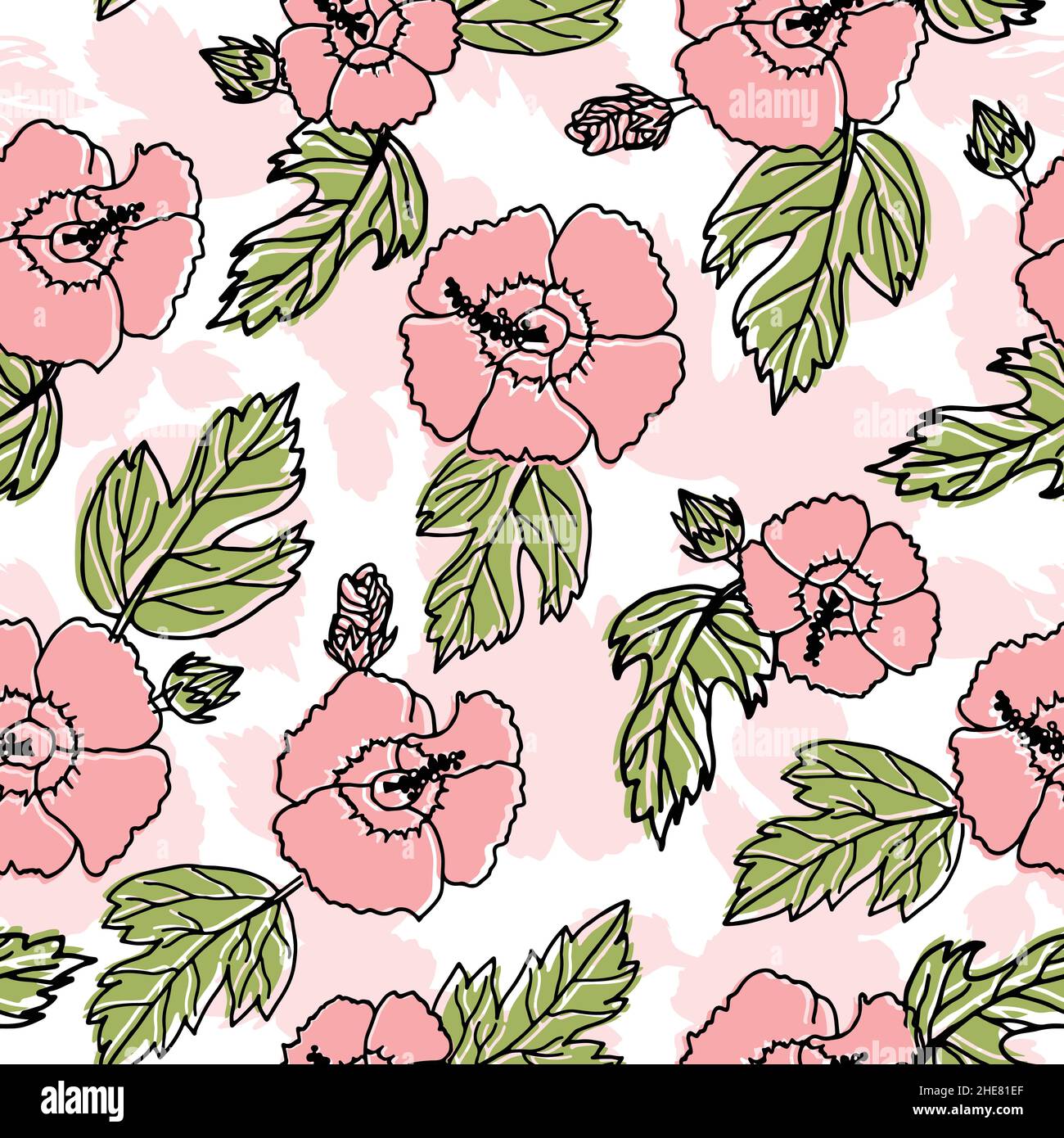 Seamless pattern with hibiscus flowers, leaves and buds. Summer-scented ...