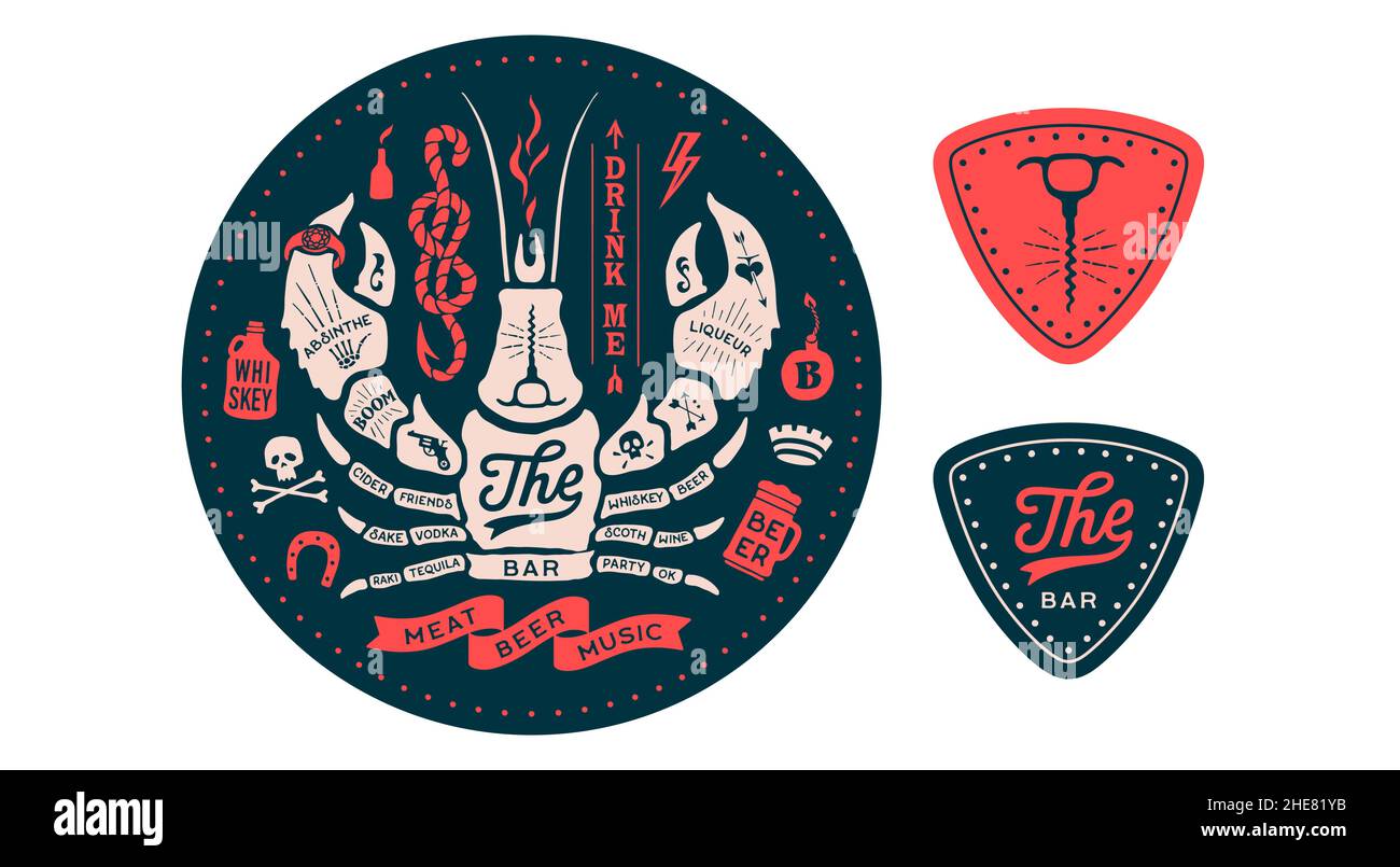 Graphic element for pub, bar. Circle coaster with drawing, corkscrew ...